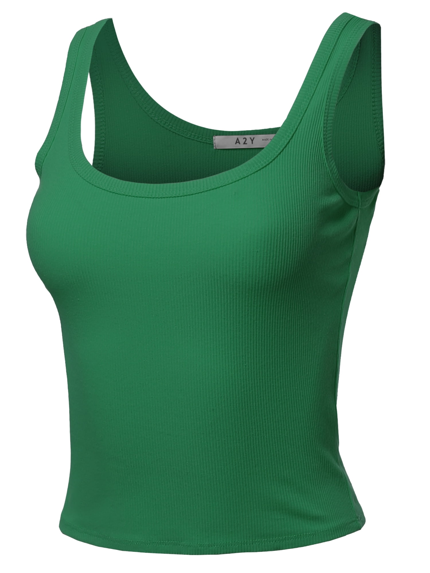 A2Y Women's Basic Solid Double Scoop Neck Rib Cropped Tank Top Green L ...