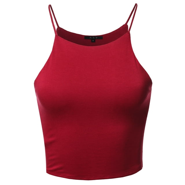 A2Y Women's Basic Solid Spaghetti Strap High Neck Rayon Spandex Crop ...