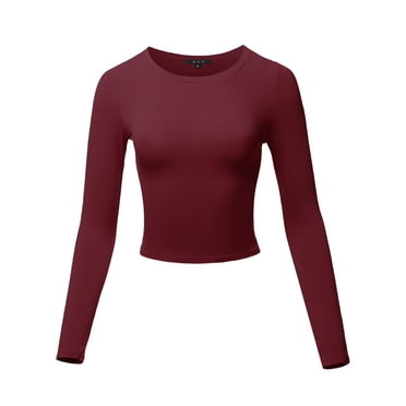 A2Y Women's Basic Solid Stretchable Scoop Neck Long Sleeve Crop Top White L - Walmart.com