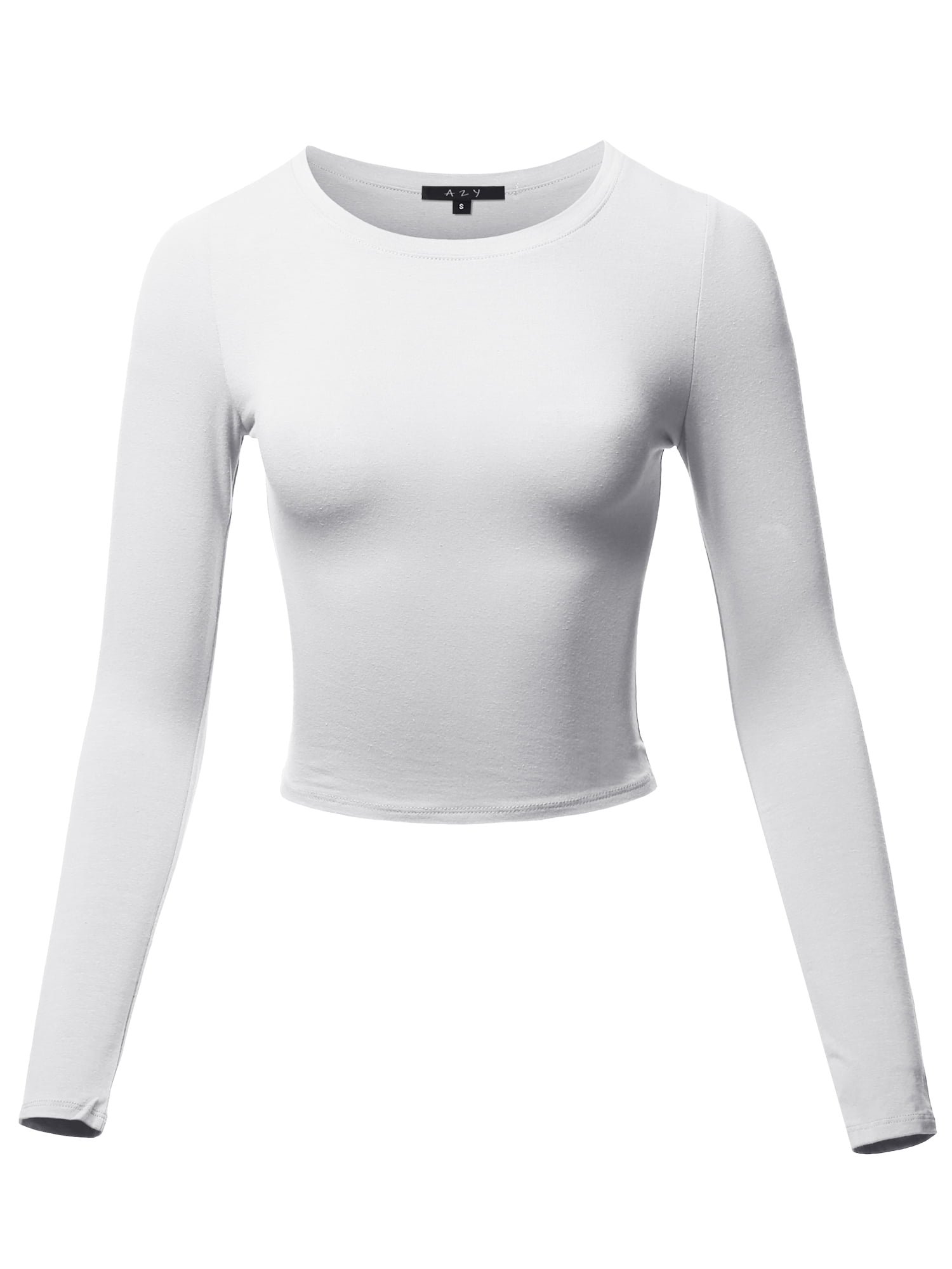 A2Y Women's Basic Solid Stretchable Crew Neck Long Sleeve Crop Top White M - Walmart.com