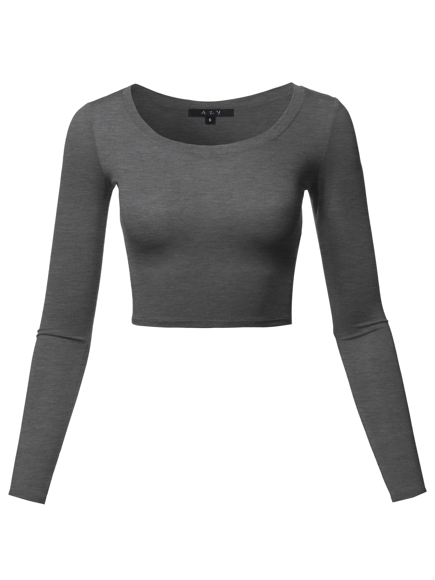 A2Y Women's Basic Solid Stretchable Scoop Neck Long Sleeve Crop Top Charcoal M - Walmart.com
