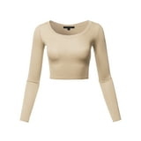 A2Y Women's Basic Solid Stretchable Scoop Neck Long Sleeve Crop Top Khaki M - Walmart.com