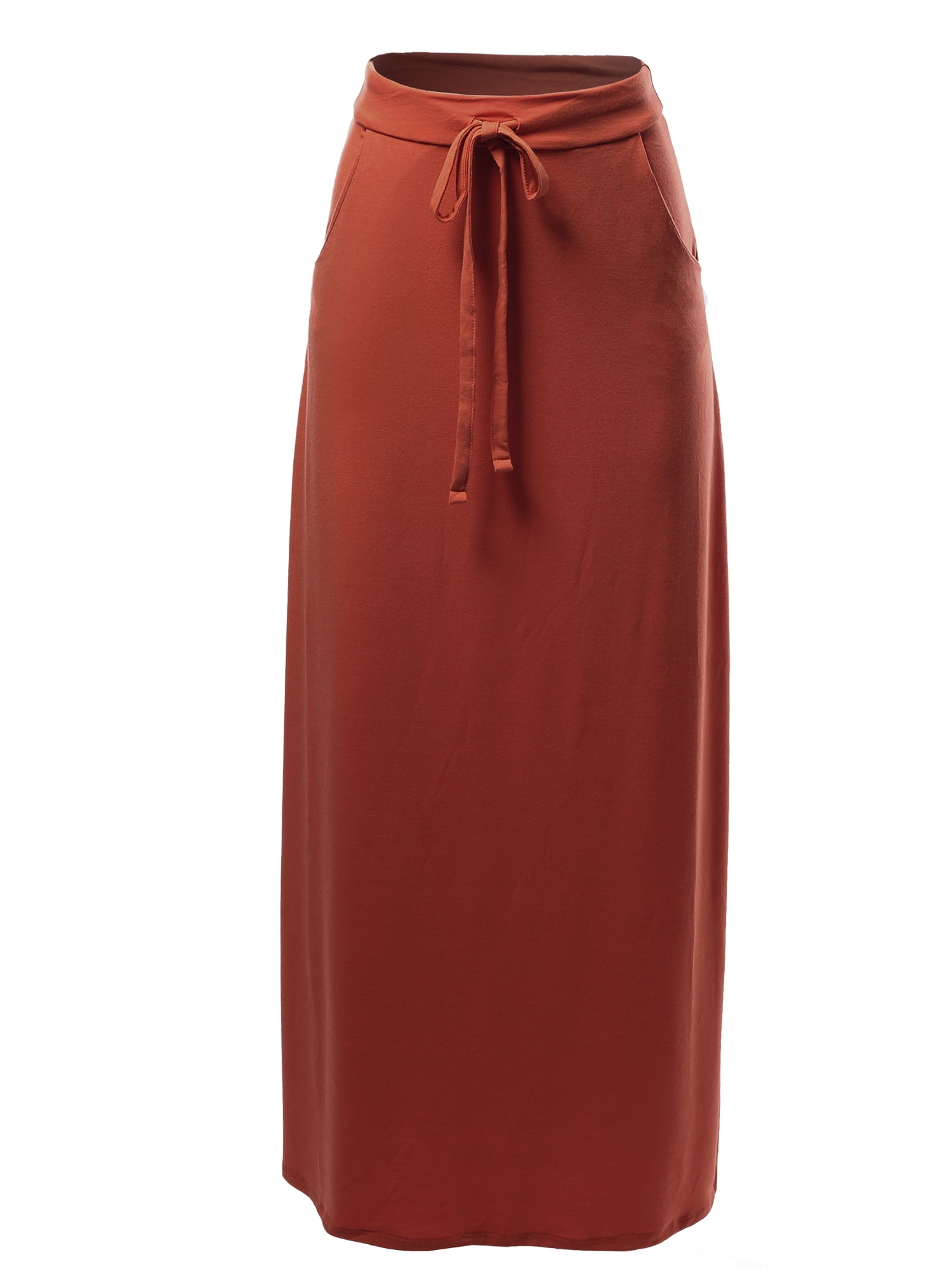 A2Y Women's Drawstring Waist Side Pockets Rayon Maxi Skirt Dark Rust ...