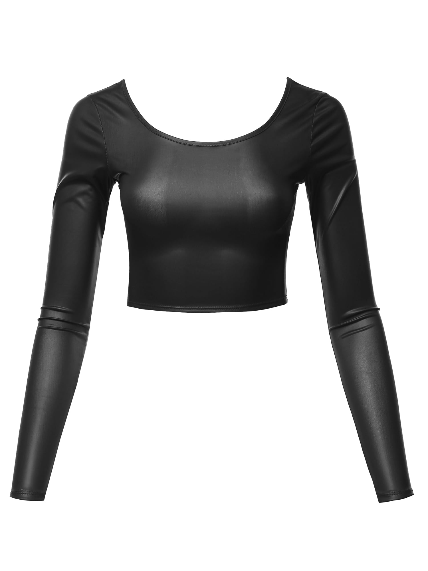 A2y Womens Faux Leather Double Scoop Neck Long Sleeve Crop Top Black M