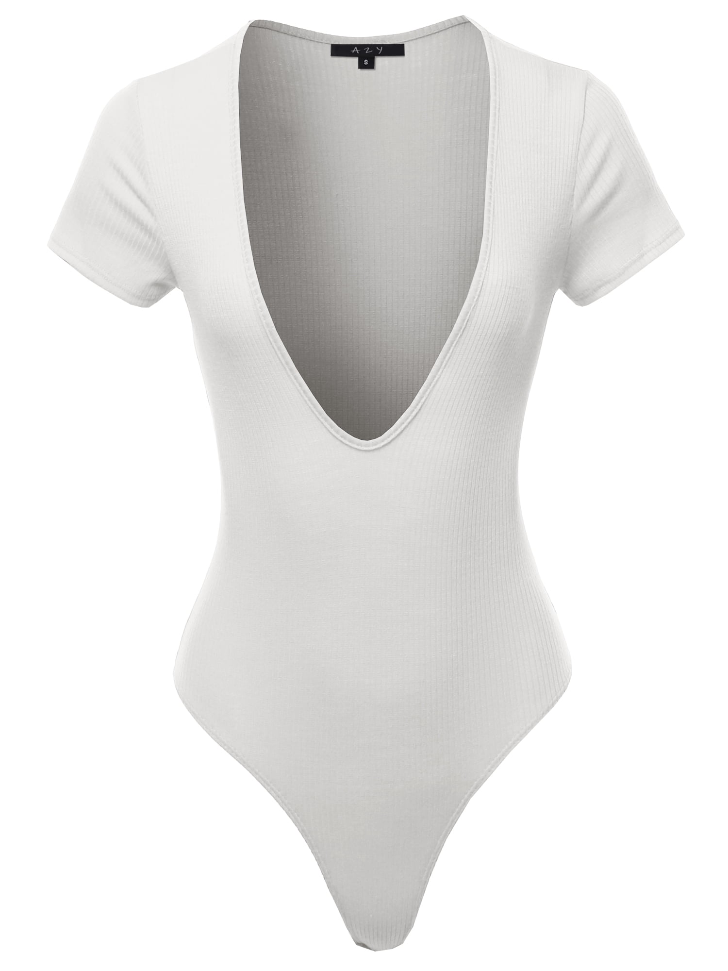 A2Y Women's Lightweight Deep V-Neck Ribbed Short Sleeve Bodysuit Ivory ...