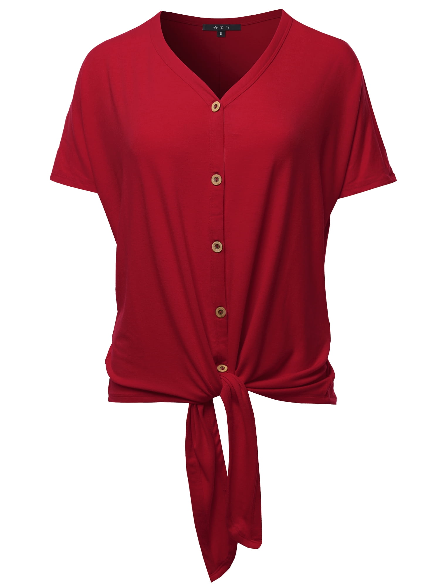 A2Y Women's Loose Fit Short Sleeve Button Down Front Tie Top Dark Red S ...