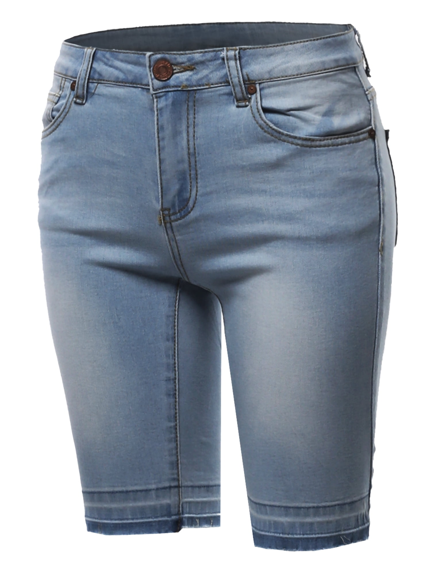 A2Y Women's Mid Rise Distressed Knee Length Zipper Denim Bermuda Shorts ...