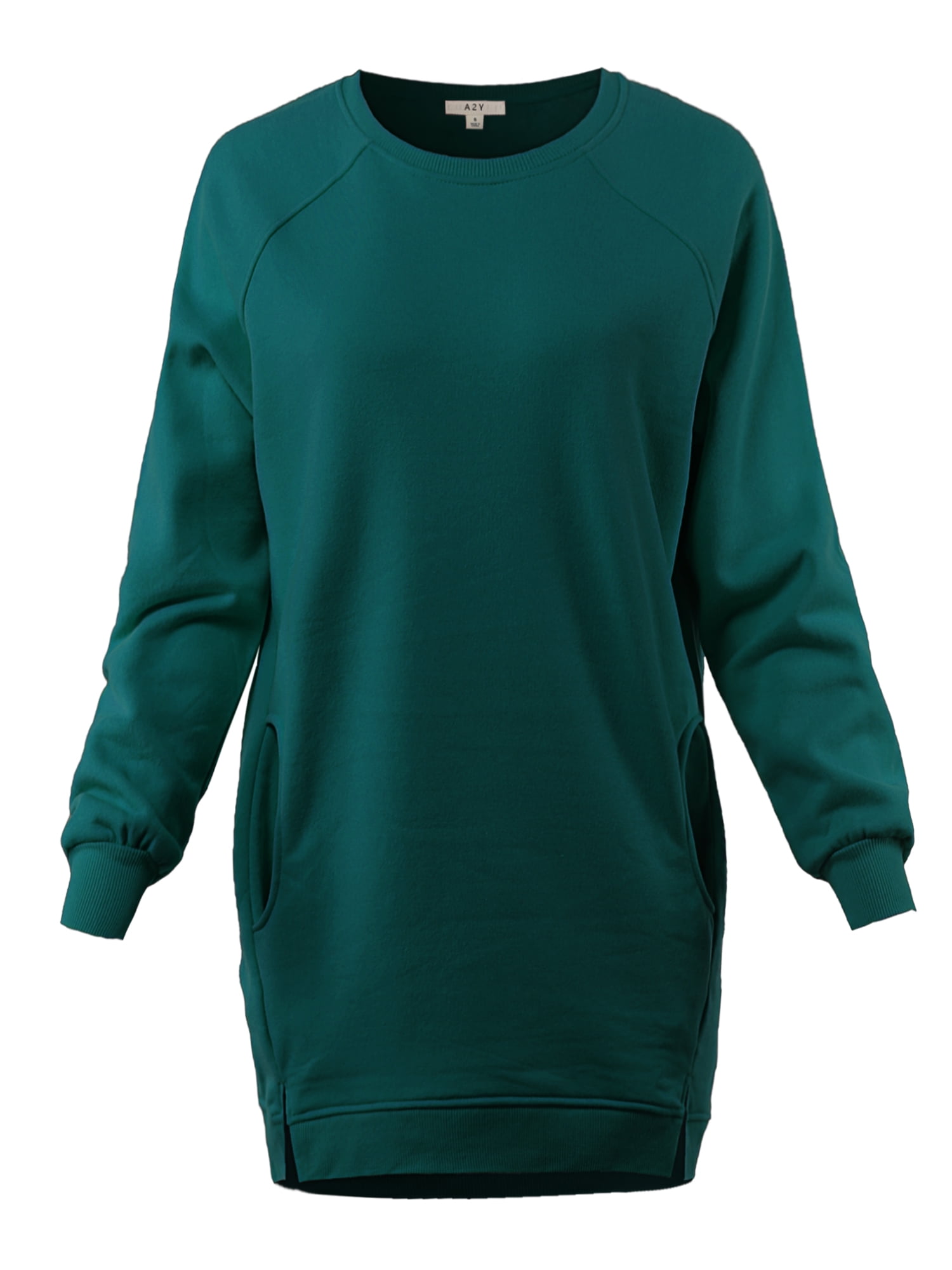 A2y Womens Oversized Crew Neck Loose Fit Longline Front Slits Pockets