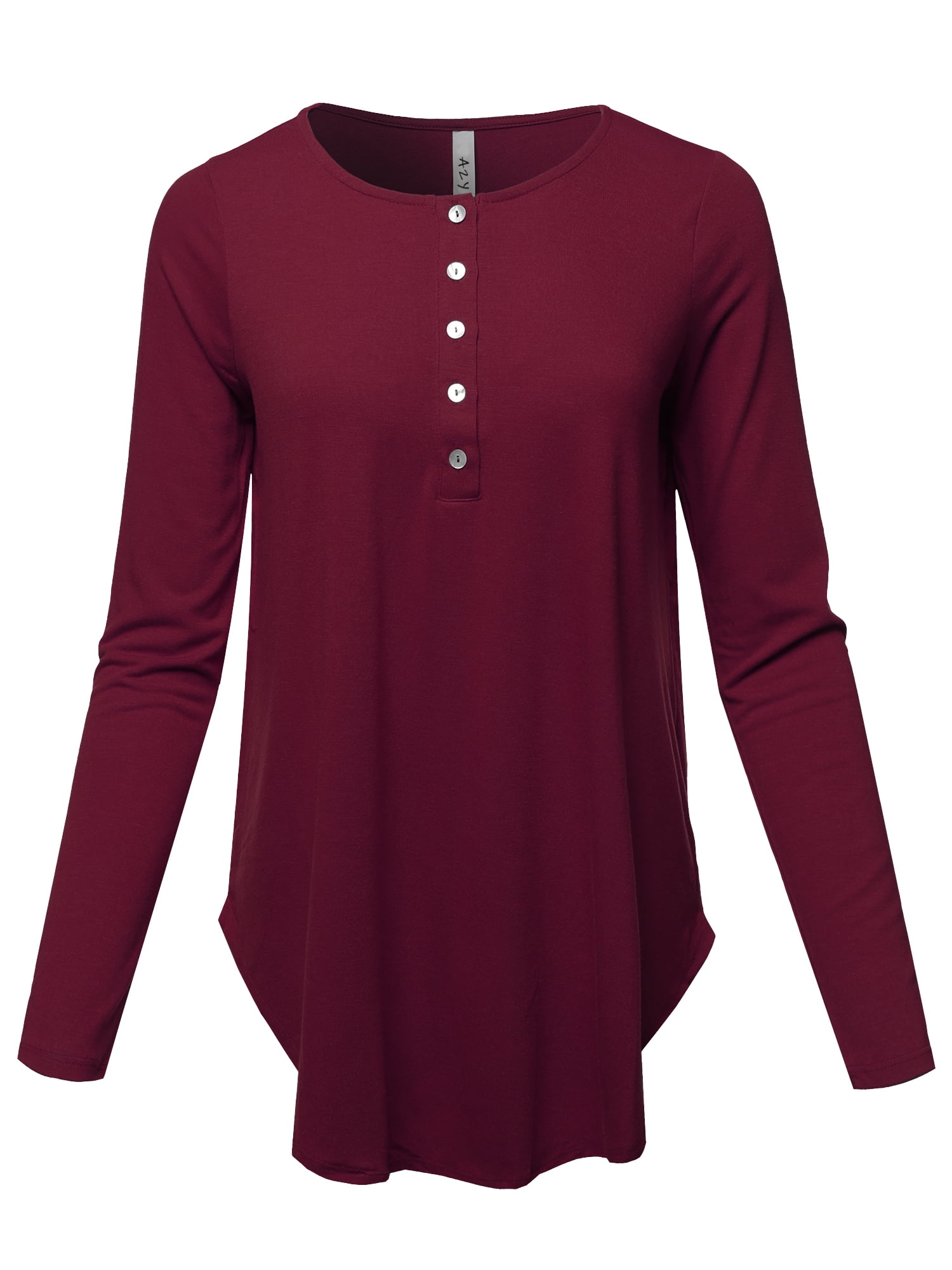 A2y Womens Premium Solid Long Sleeve Dolphin Hem Shell Button Henley