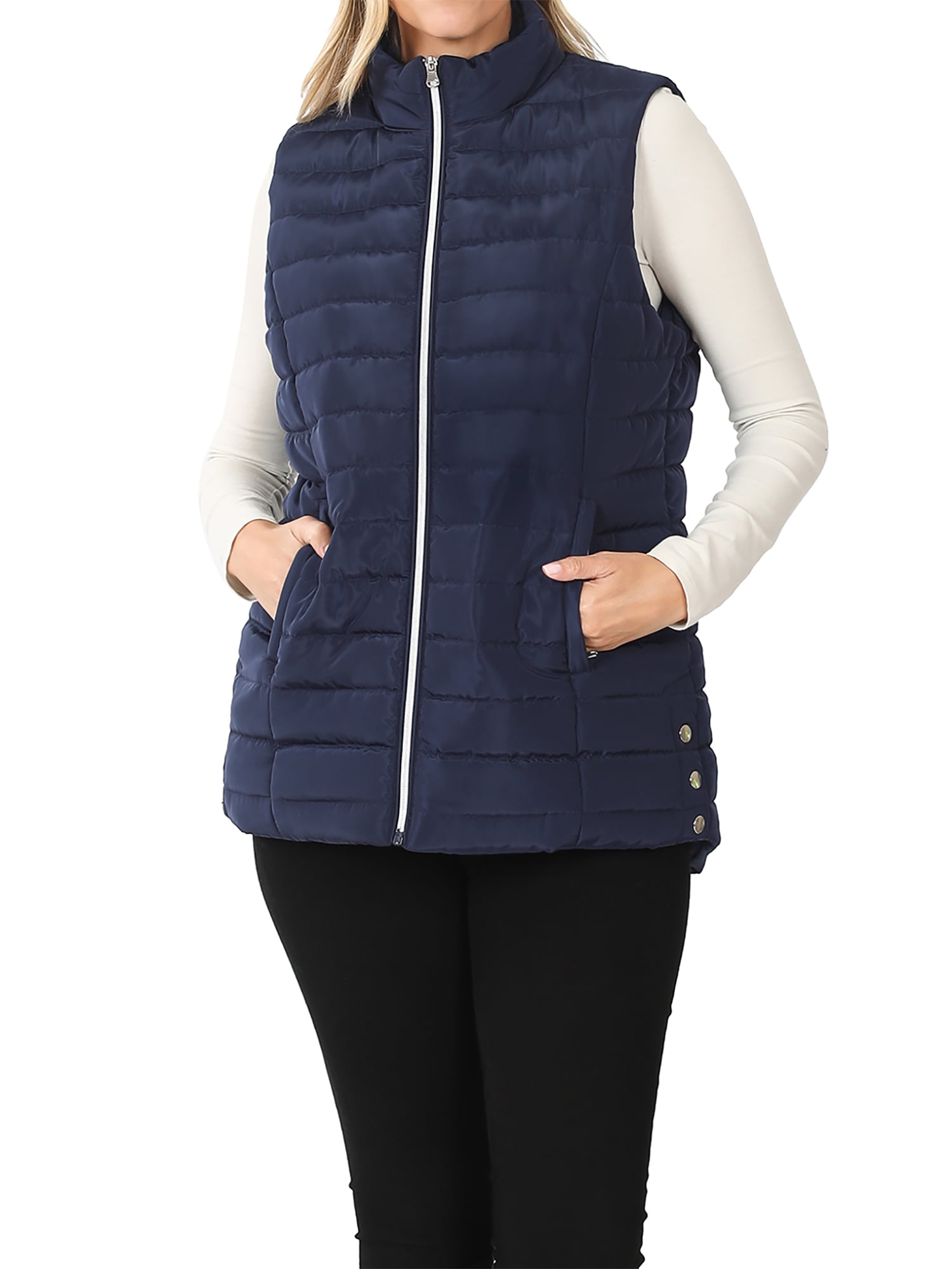 A2Y Women's Sherpa Lined Quilted Side Pockets Snaps Zip Up Vest Navy M ...