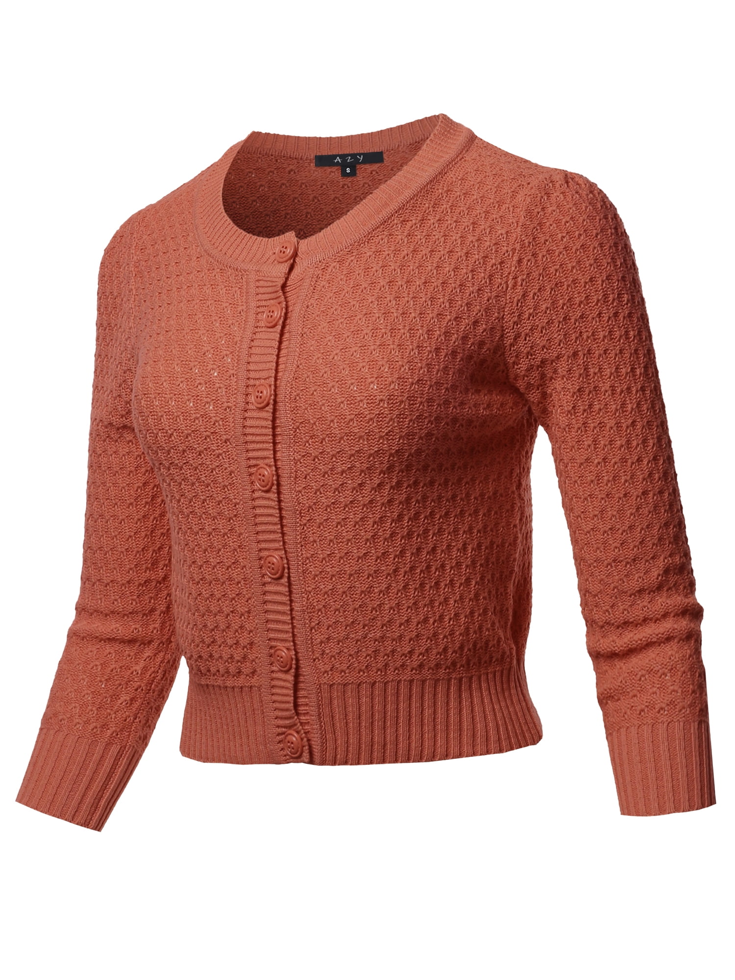 A2Y Women's Solid Cropped 3/4 Sleeve Button Down Crew Neck Knit ...