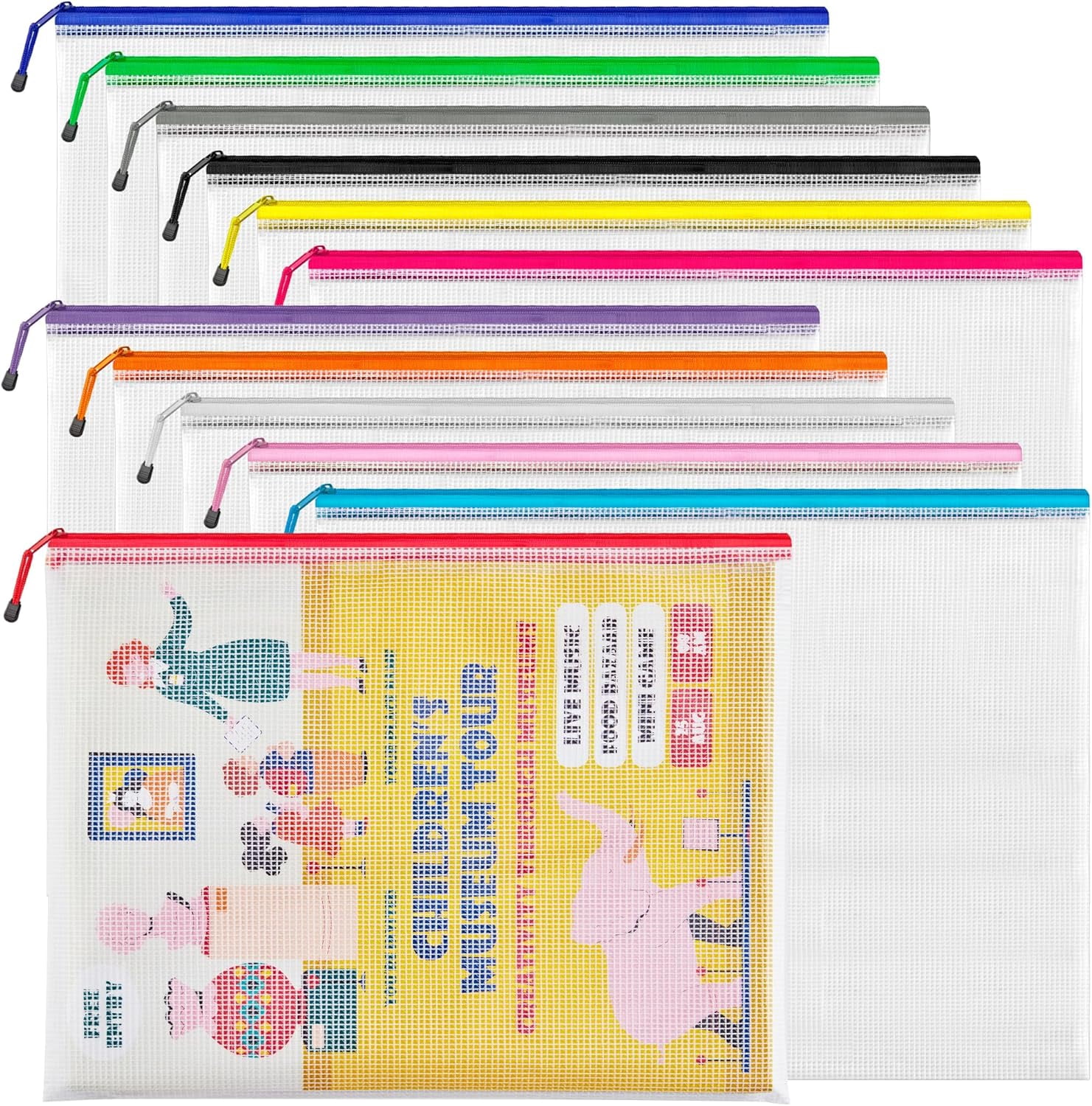 A3 (16.9x12.4 in, 12 Pcs) Mesh Zipper Pouch, 12 Colors Extra Large ...