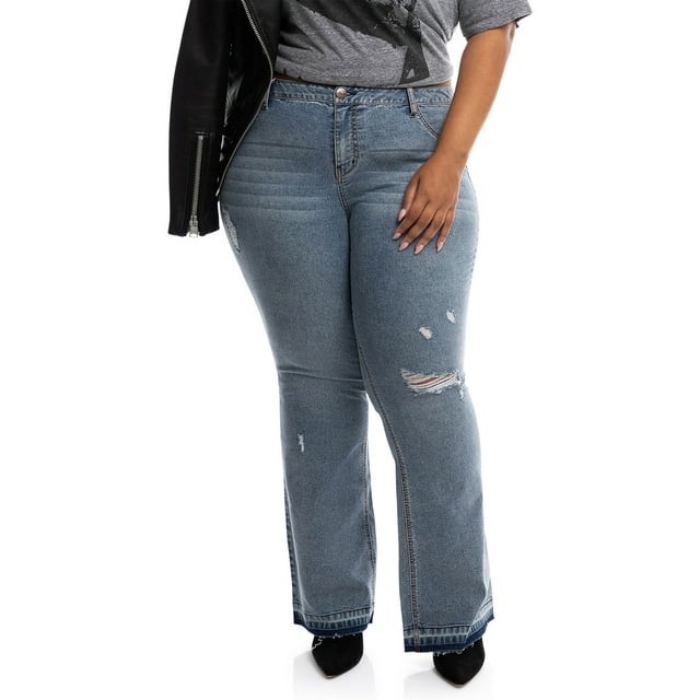 A3 Denim Women's Plus Size High Rise Released Raw Hem Flare Jeans ...