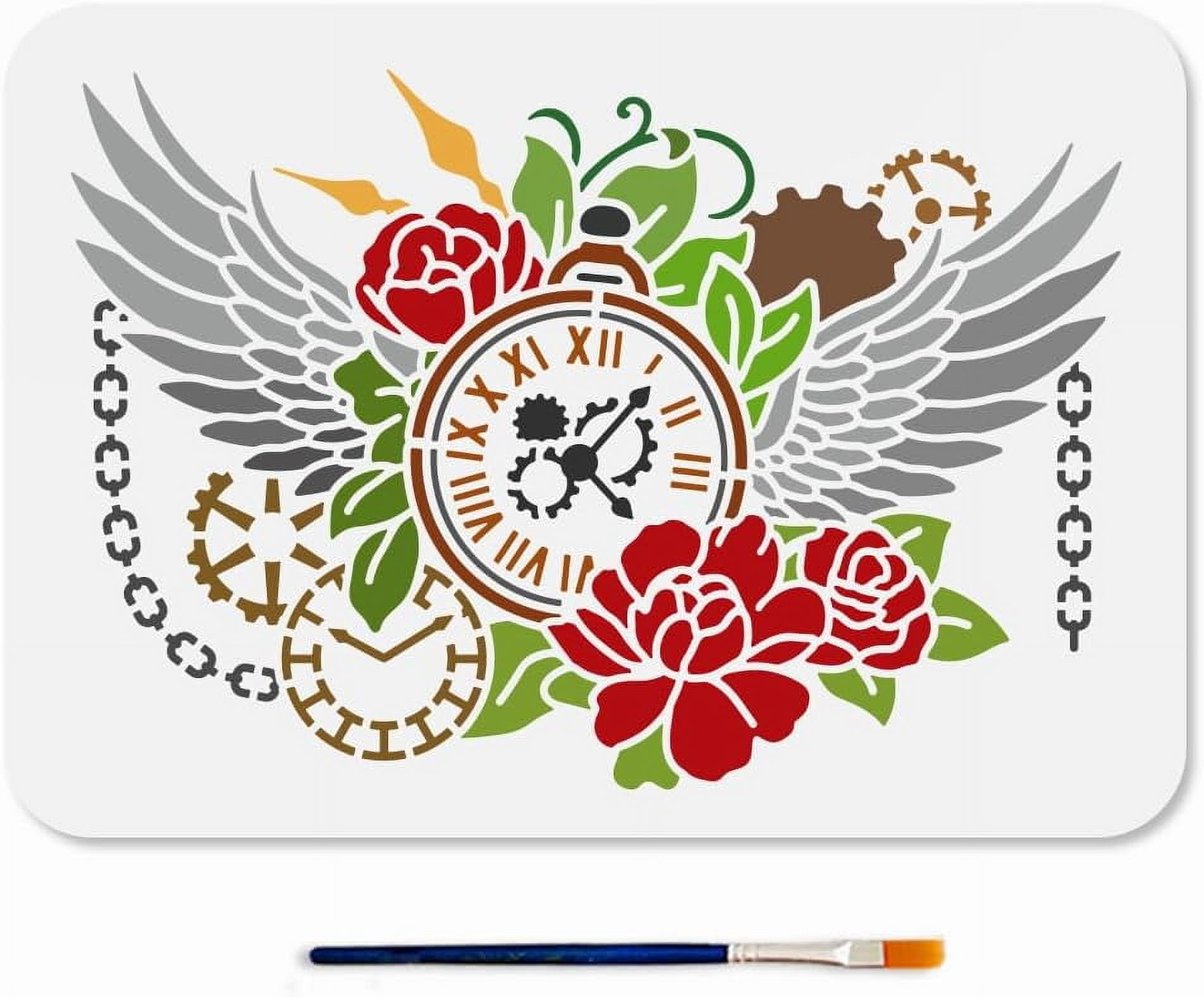 A4 Clock Wings Flower Stencil 11.7×8.3inch Vintage Lock Chain Time ...
