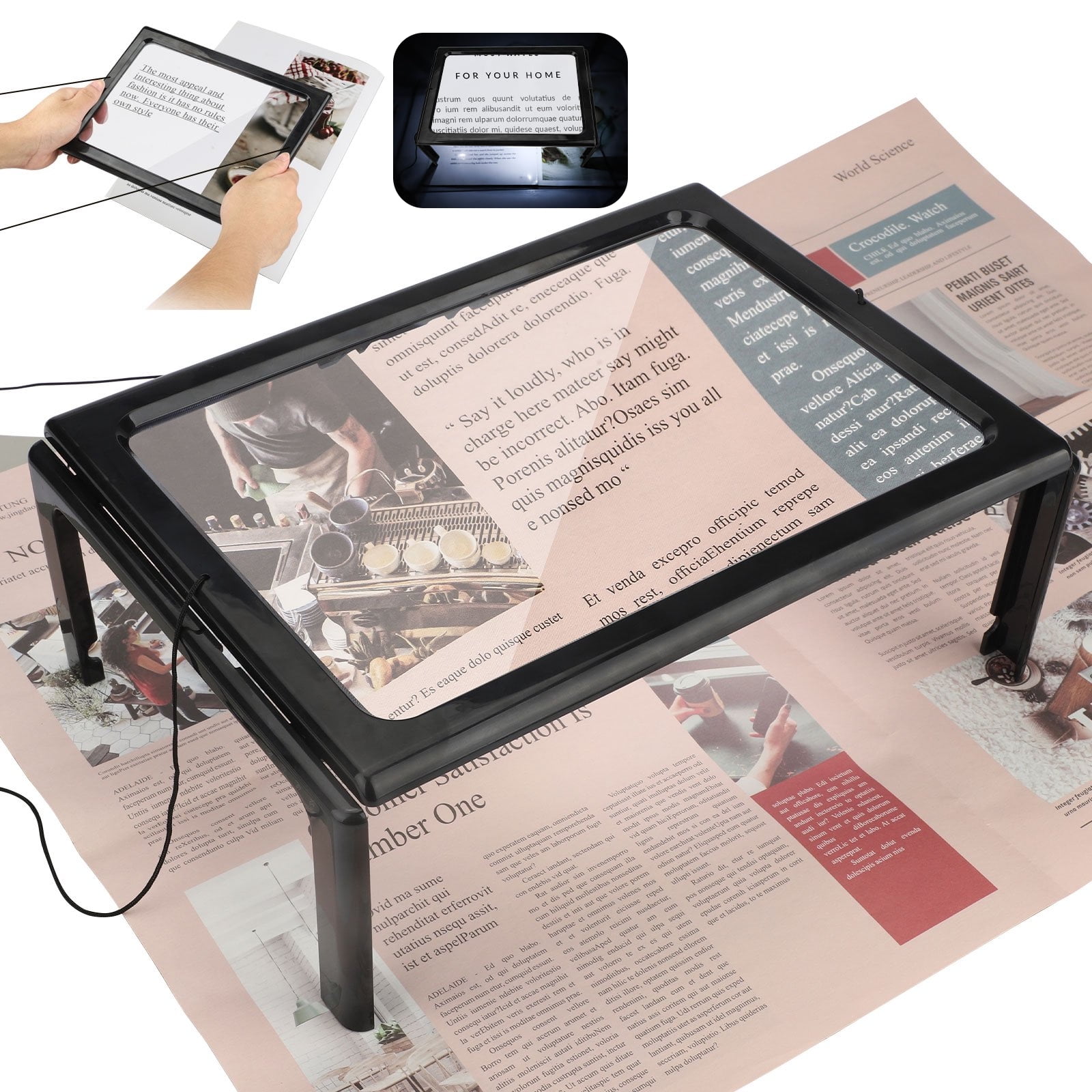 A4 Hands-Free Reading Magnifier, 3X Full Page Magnifier w/ 4 LEDs ...