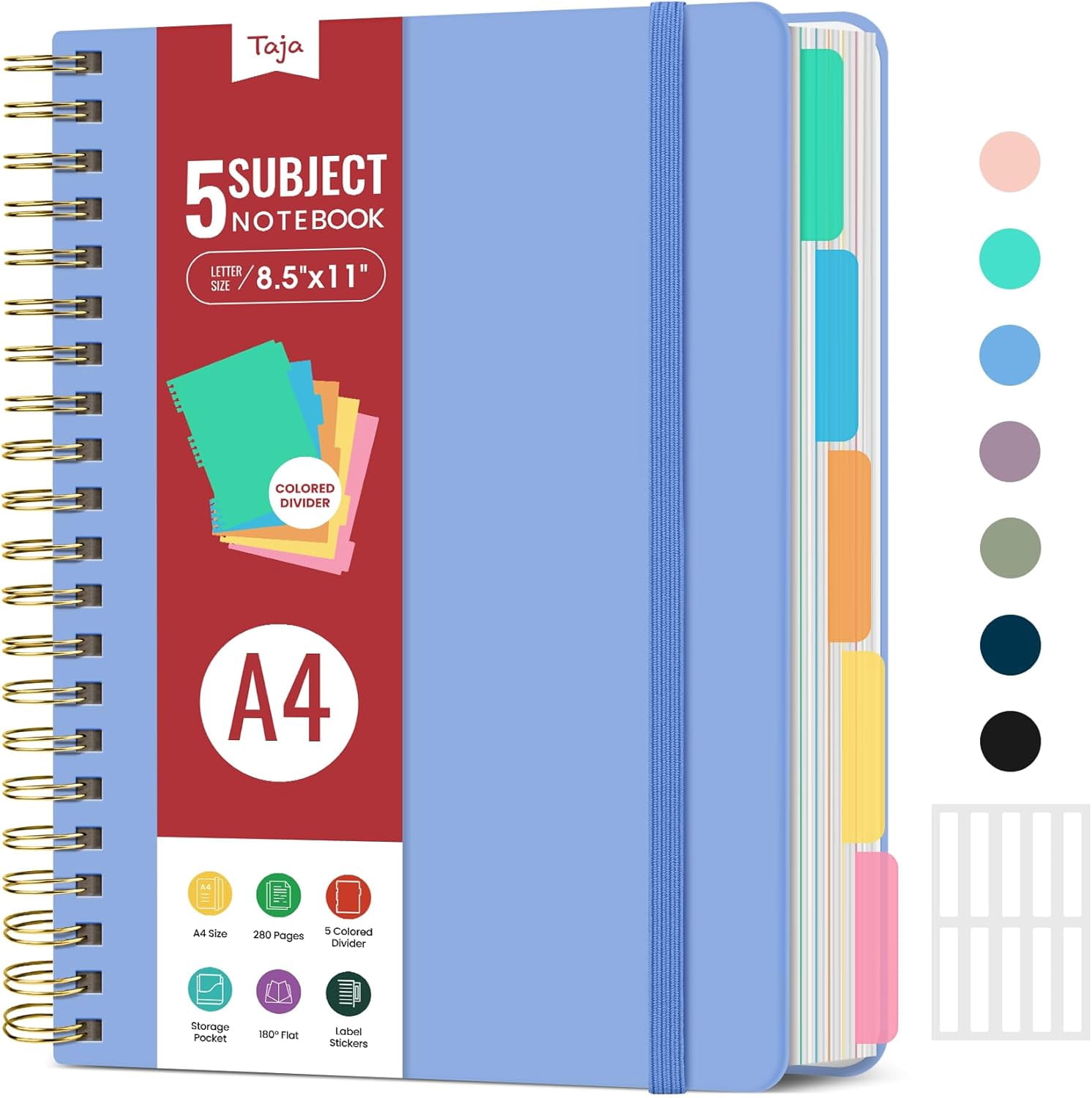 A4 Hardcover Spiral Notebook, 280 pages, 5-subject with dividers & tabs ...
