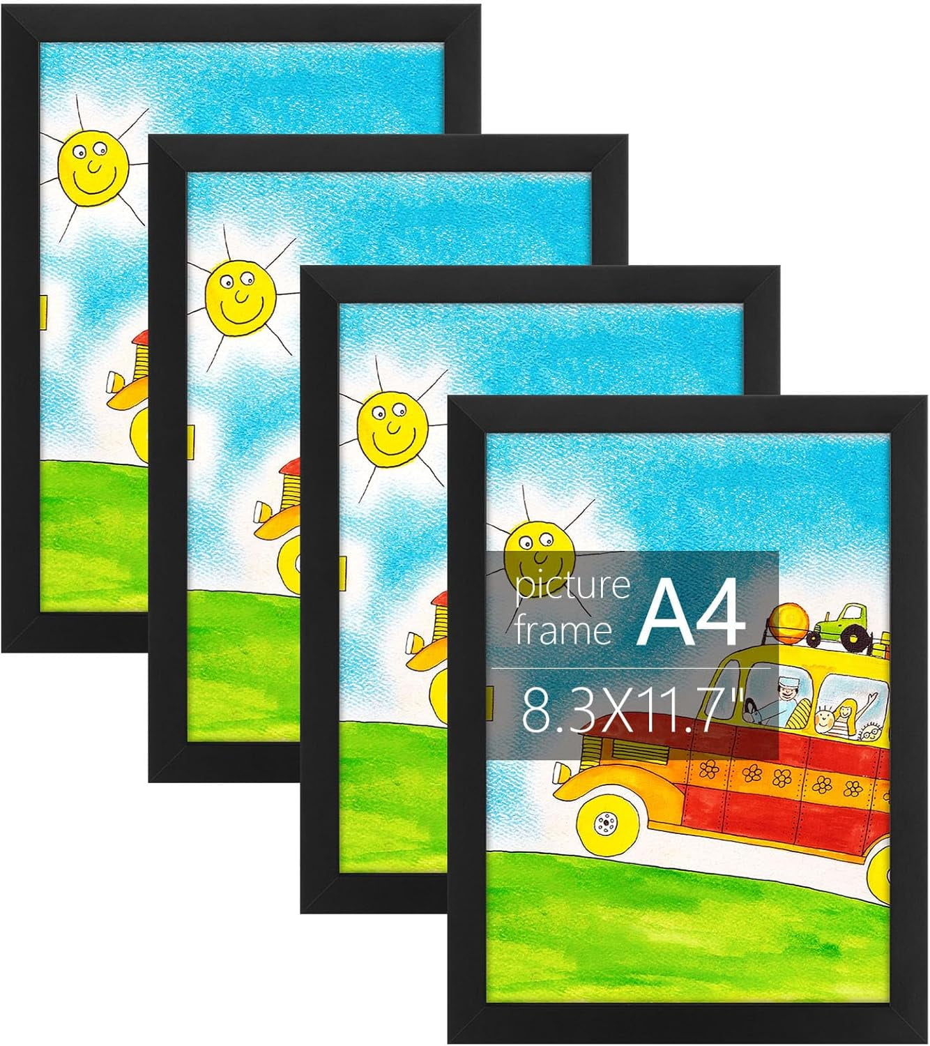 A4 Picture Frame 4 Pack, Solid Wood with Plexiglass, Black Poster Frame ...