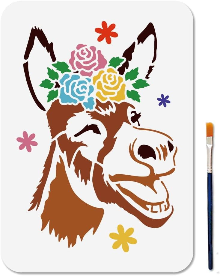 A4 Size Funny Donkey Animal Flower Stencil Laughing Donkey Stencil with ...