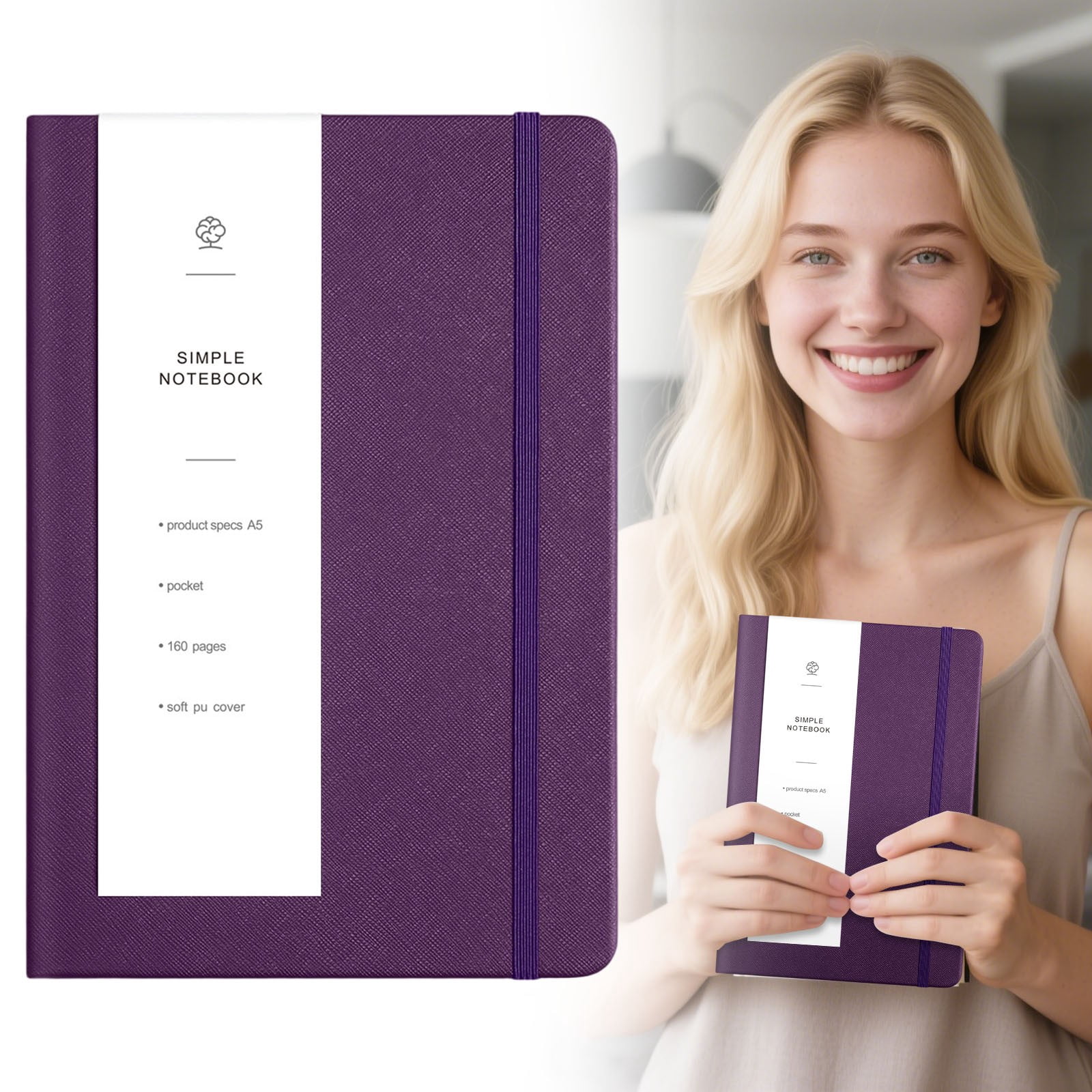 A5 Elastic Band Soft PU Hardcover Notebook, 160 Pages Lined Premium ...
