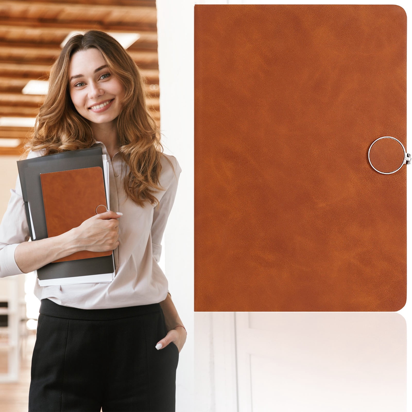 A5 Leather Texture Notebook, Round Ring Bound Paper Journal for Travel ...