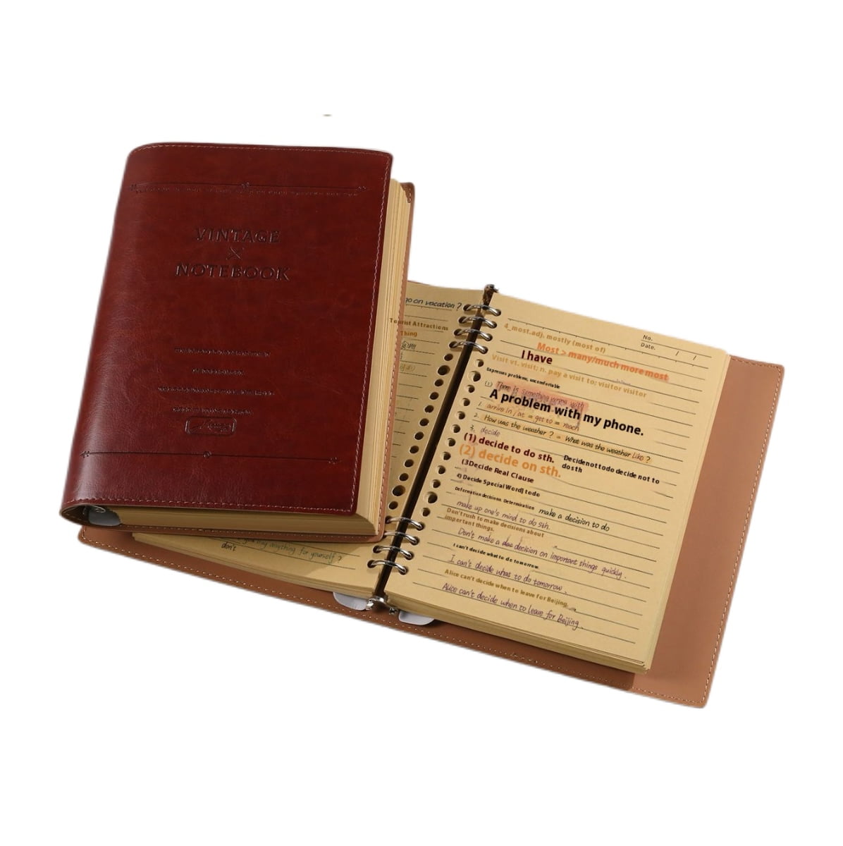 A5 Notebook Refillable Soft PU Leather Binder Detachable 8 Rings Lined ...