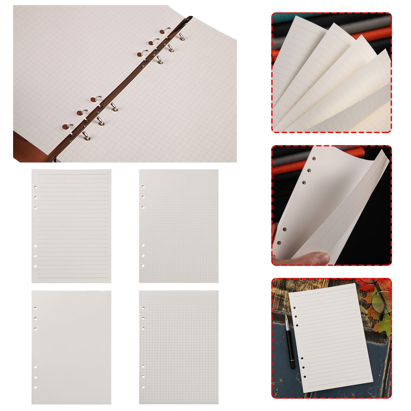 A5 Six Hole Loose Leaf Refill Paper 90 Sheets, Grid Checkered Paper for ...