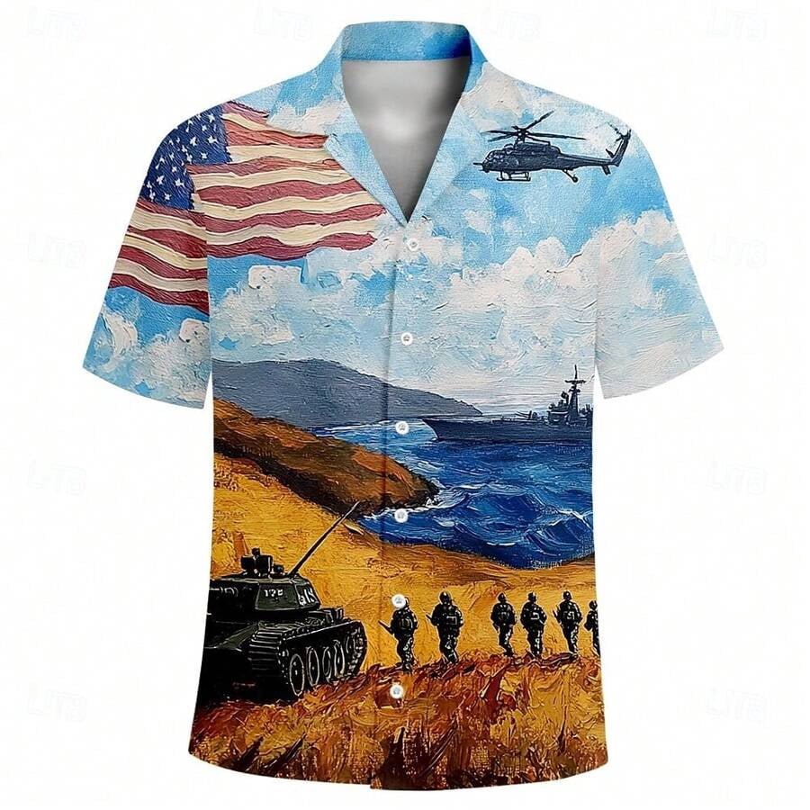 A508D-aL25423 Multicolor Patriotic Military Scene Cuban Collar Short ...