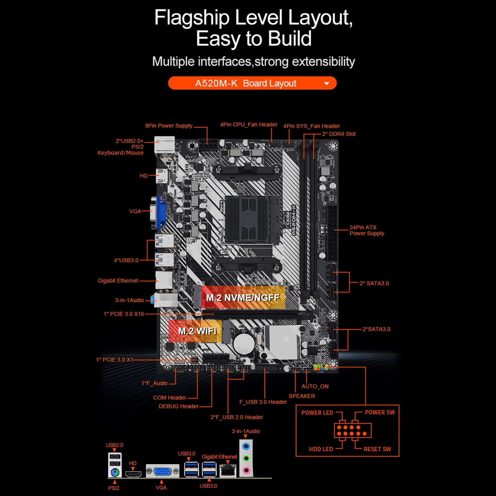 A520M-K Desktop Computer Motherboard AM4 Dual Protocol M.2 Hard Drive ...