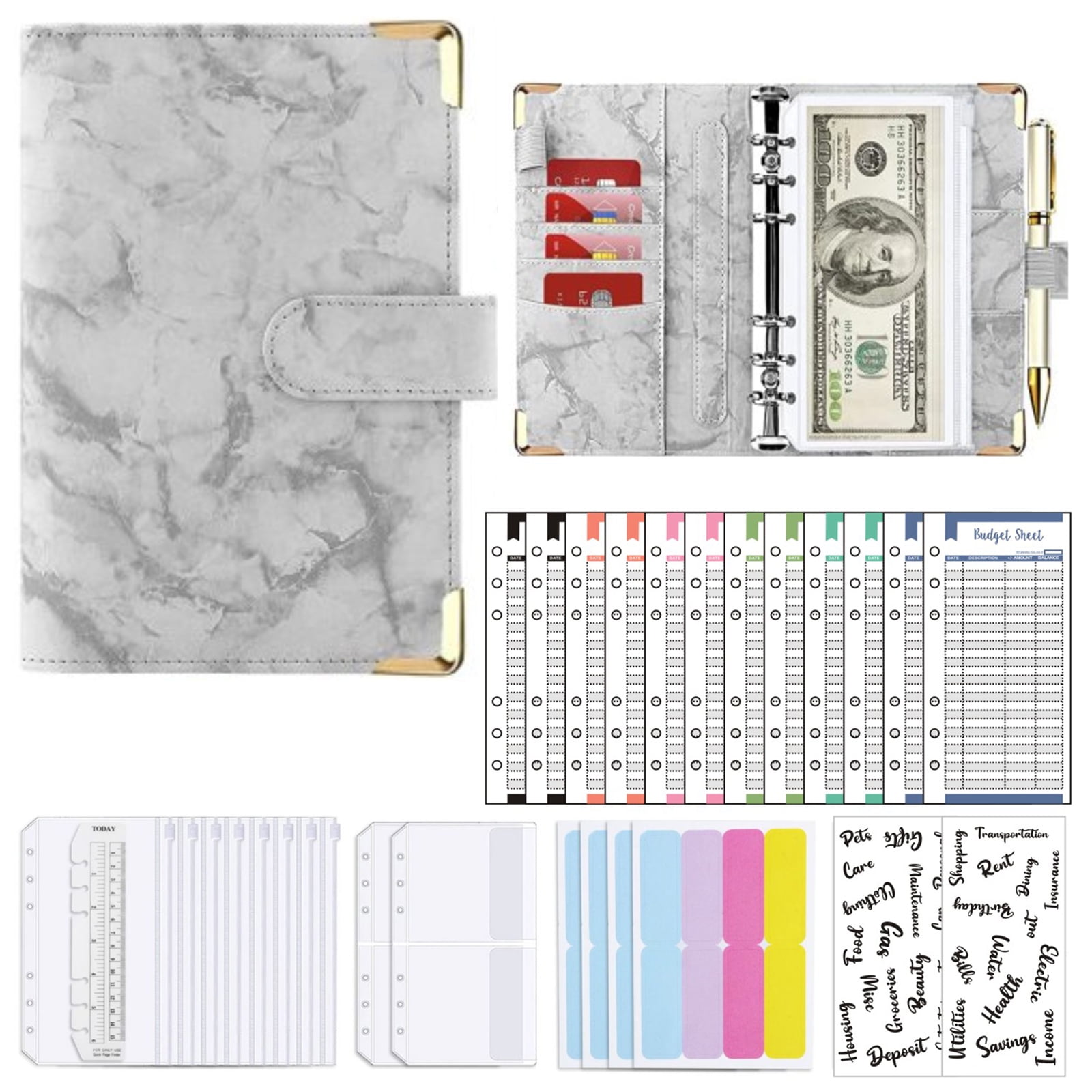 A6 Binder PU Leather Loose Leaf Notebook Cash Envelopes,Refillable ...