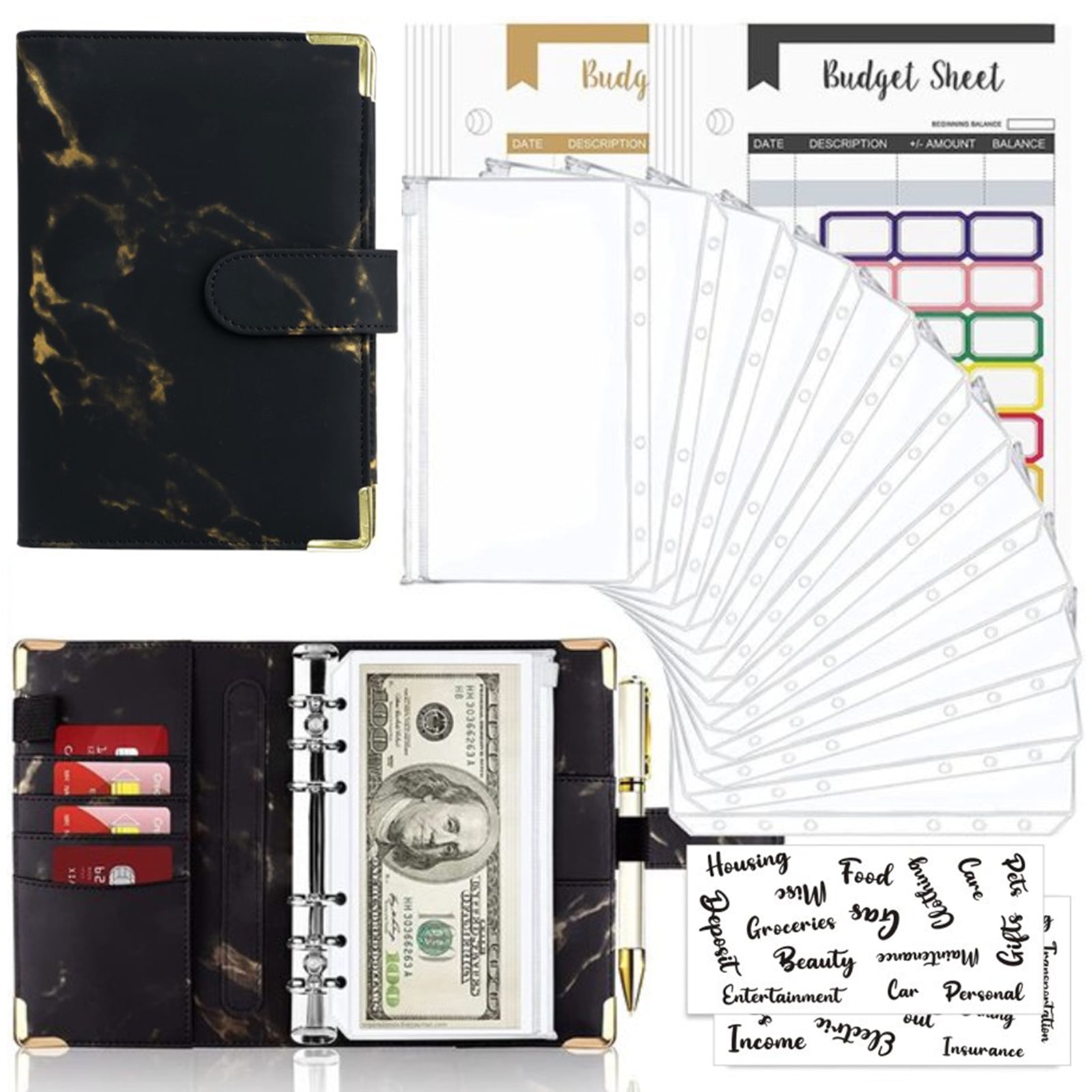 A6 Binder PU Leather Loose Leaf Notebook Cash Envelopes,Refillable ...