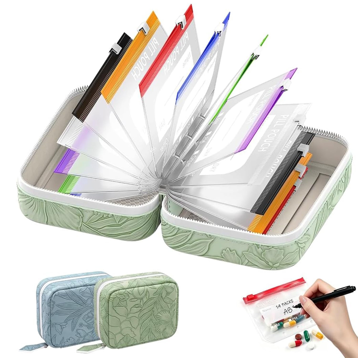 A8 Waterproof Pill Organizer Set with 14 Color-Coded Reusable Pouches ...