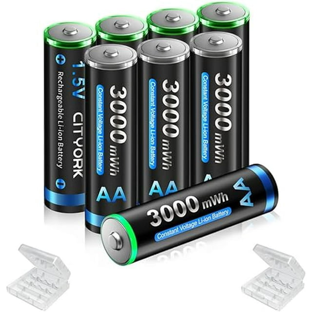 AA Batteries 3000mWh 1.5V Lithium Rechargeable Batteries 8 Pack with 2 Pack Battery Case ...