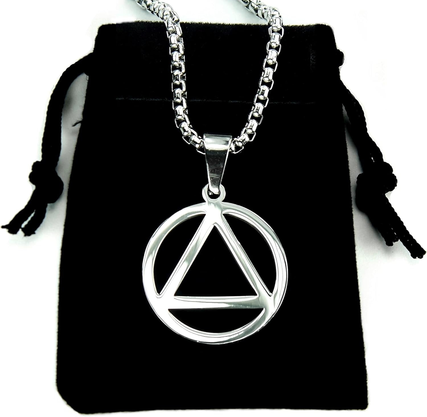AA Necklace, 24" Box chain, Hypo Allergenic Stainless Steel Alcoholics Anonymous Sobriety Circle ...