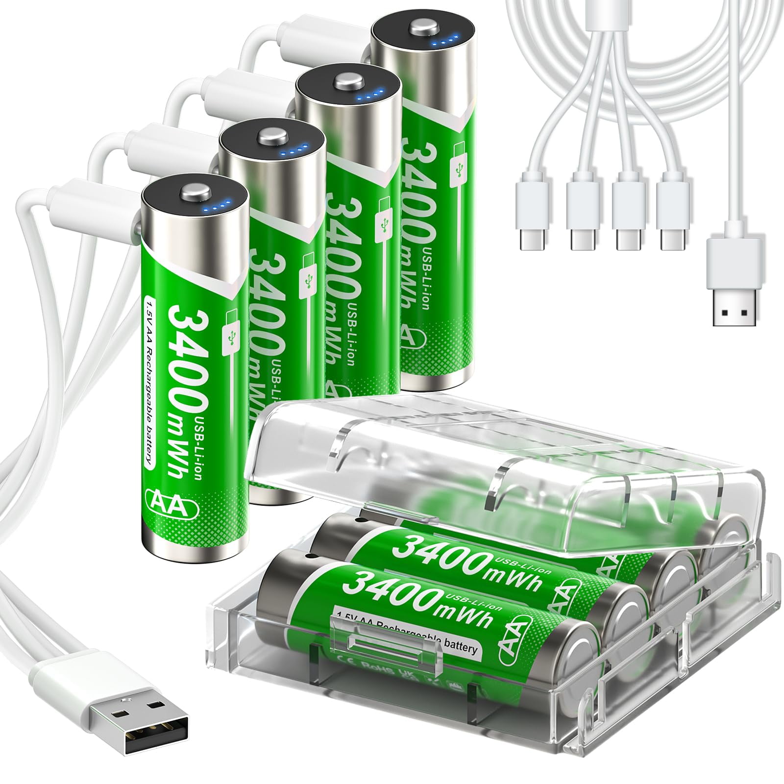 AA Type C Rechargeable Battery, Crash Light Lithium Ion 1.5V 3400mWh ...