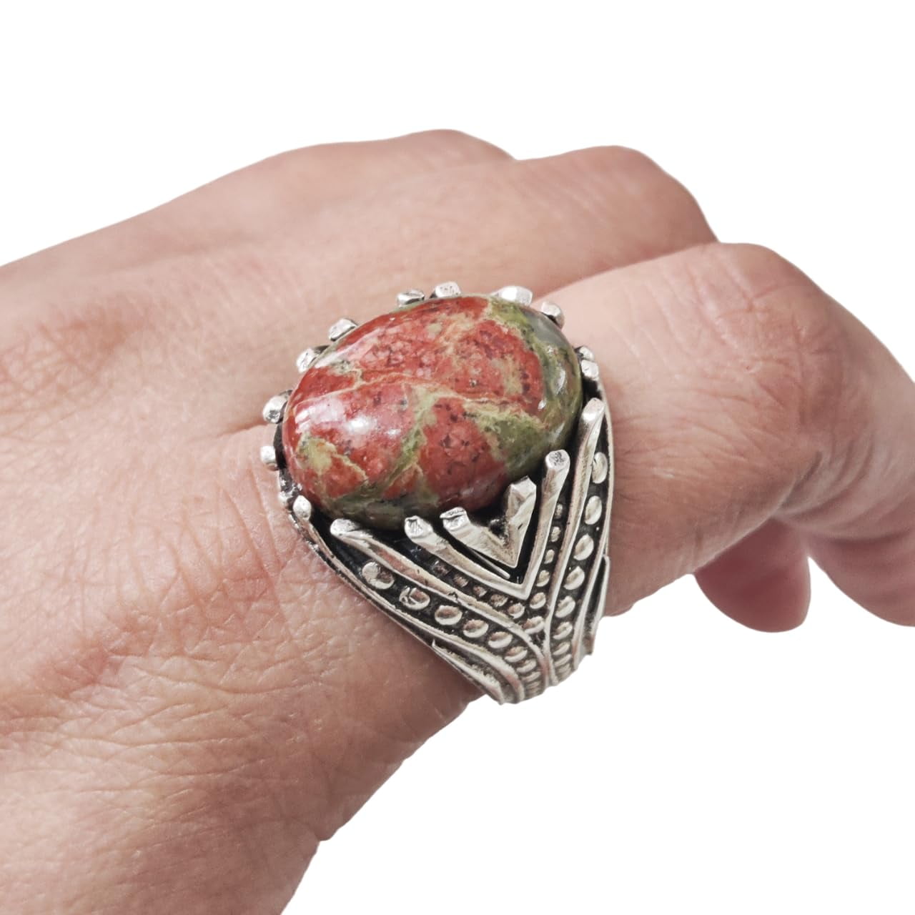 AAA Unakite Jasper Mens Ring, Natural Unakite Jasper Ring, Oxidized, 925 Silver Ring, Birthday ...