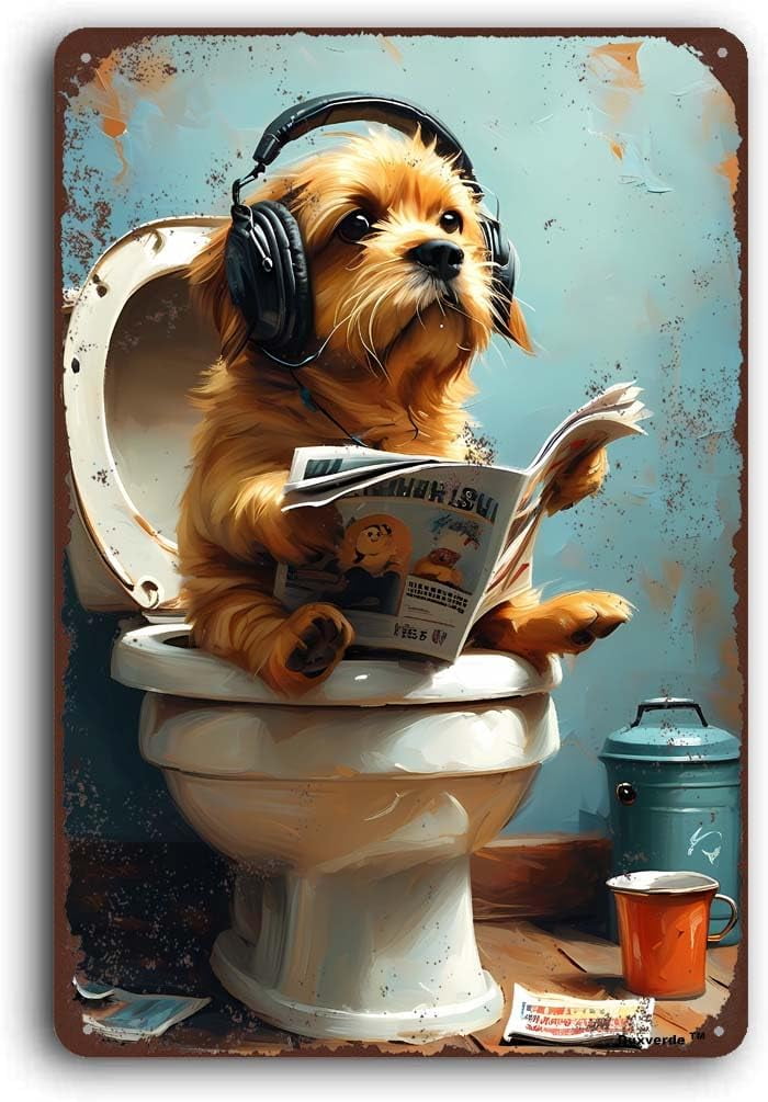 AABERIC 12"x16" Aluminum Dog Wall Art Bathroom Signs, a Cute Dog In ...