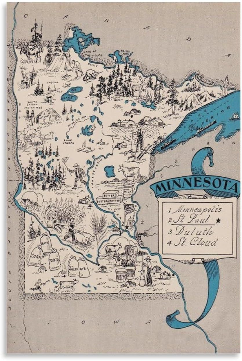 AABERIC 1930s Minnesota Map Picture Cartoon Map Print, Vintage ...