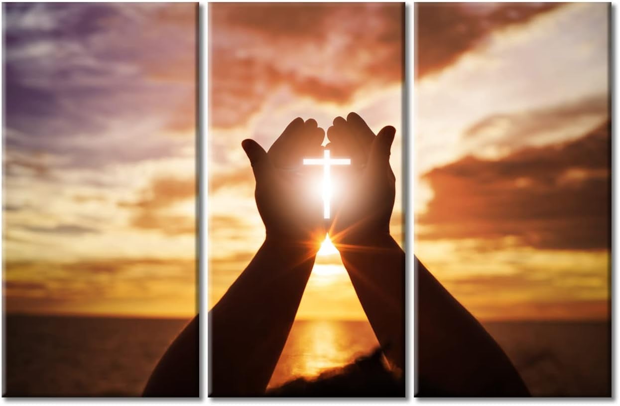 AABERIC 3 Panels Christian Modern Home Decor Cross in Hands Canvas Wall ...