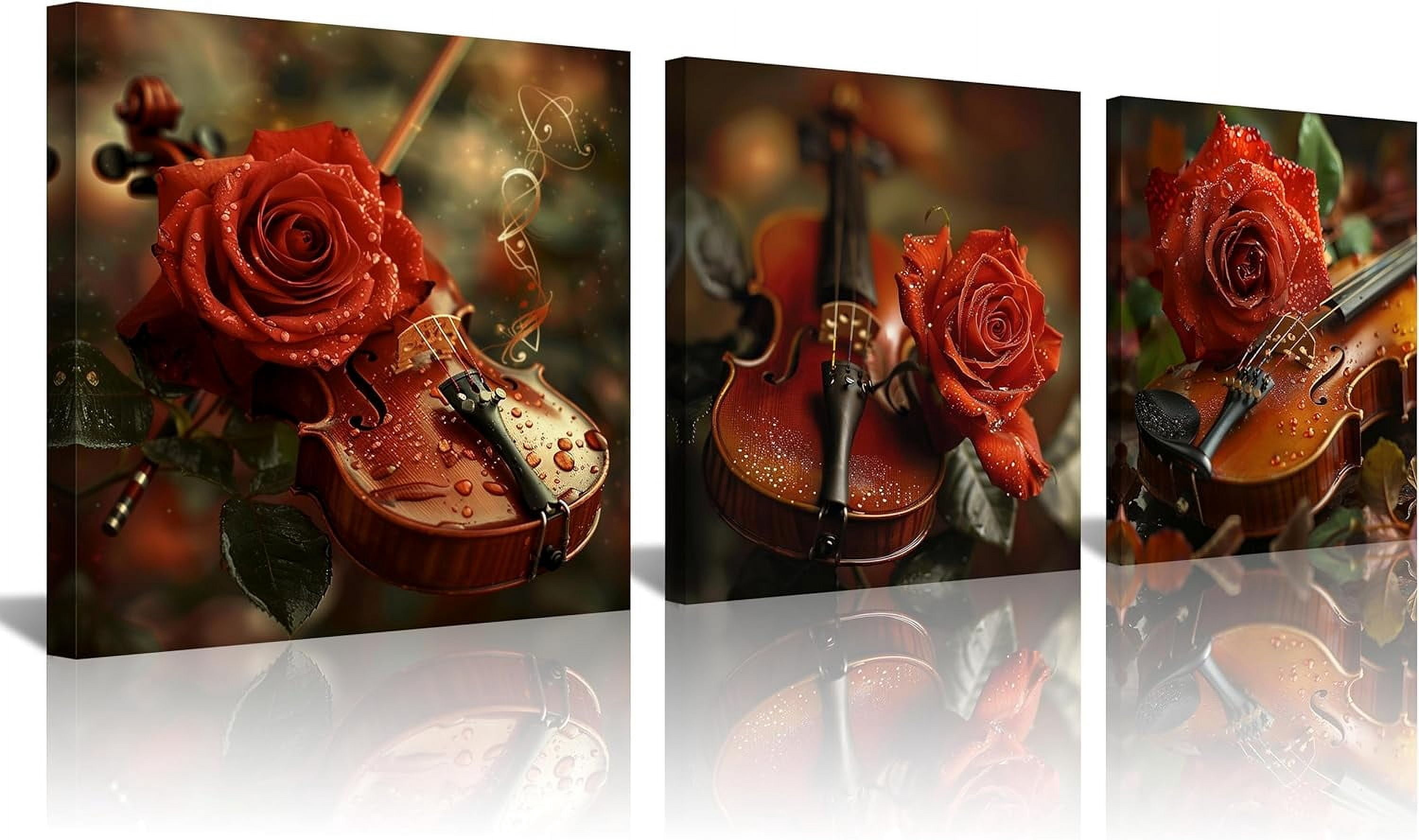 AABERIC 3 Pcs Modern Music Themed Poster Red Rose and Violin Art Decor ...