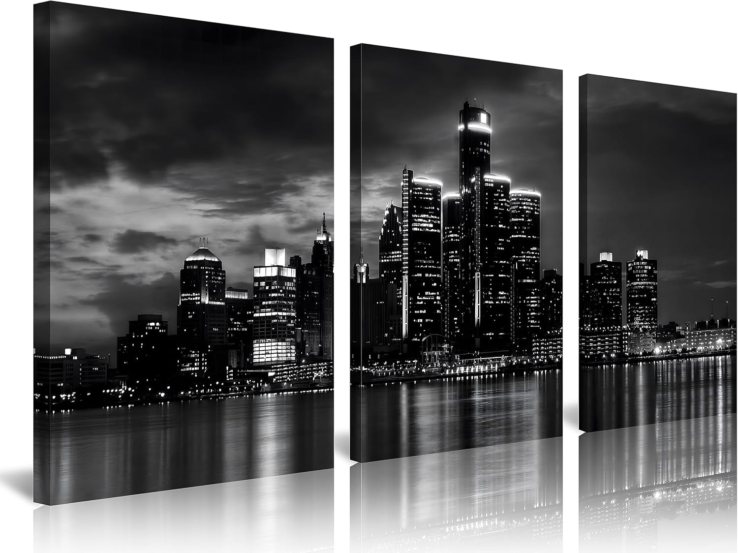 AABERIC 3 Pcs Wall Art Beautiful Detroit Skyline Black & White Canvas ...