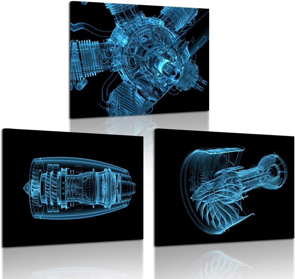 AABERIC 3 Pieces Canvas Art Wall Decor Jet Engine 3D x-ray Blue ...