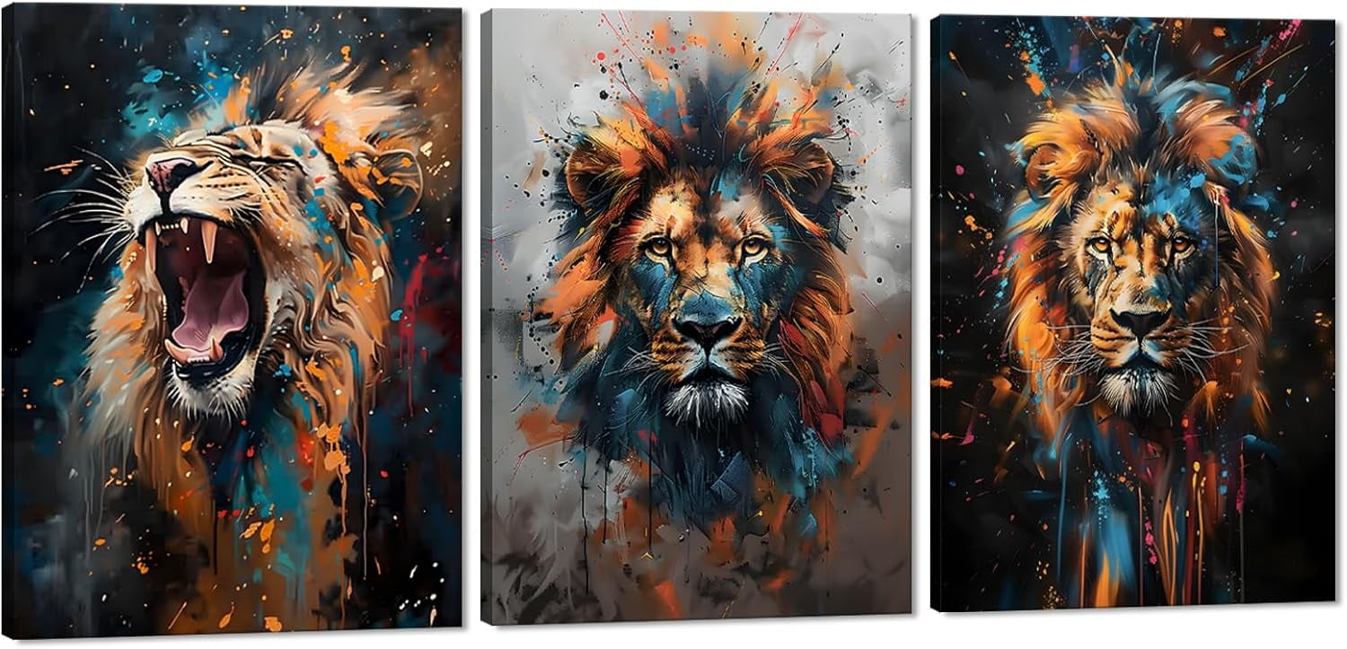 AABERIC 3 Pieces Funny Animal Canvas Wall Art Colorful Lion Head ...