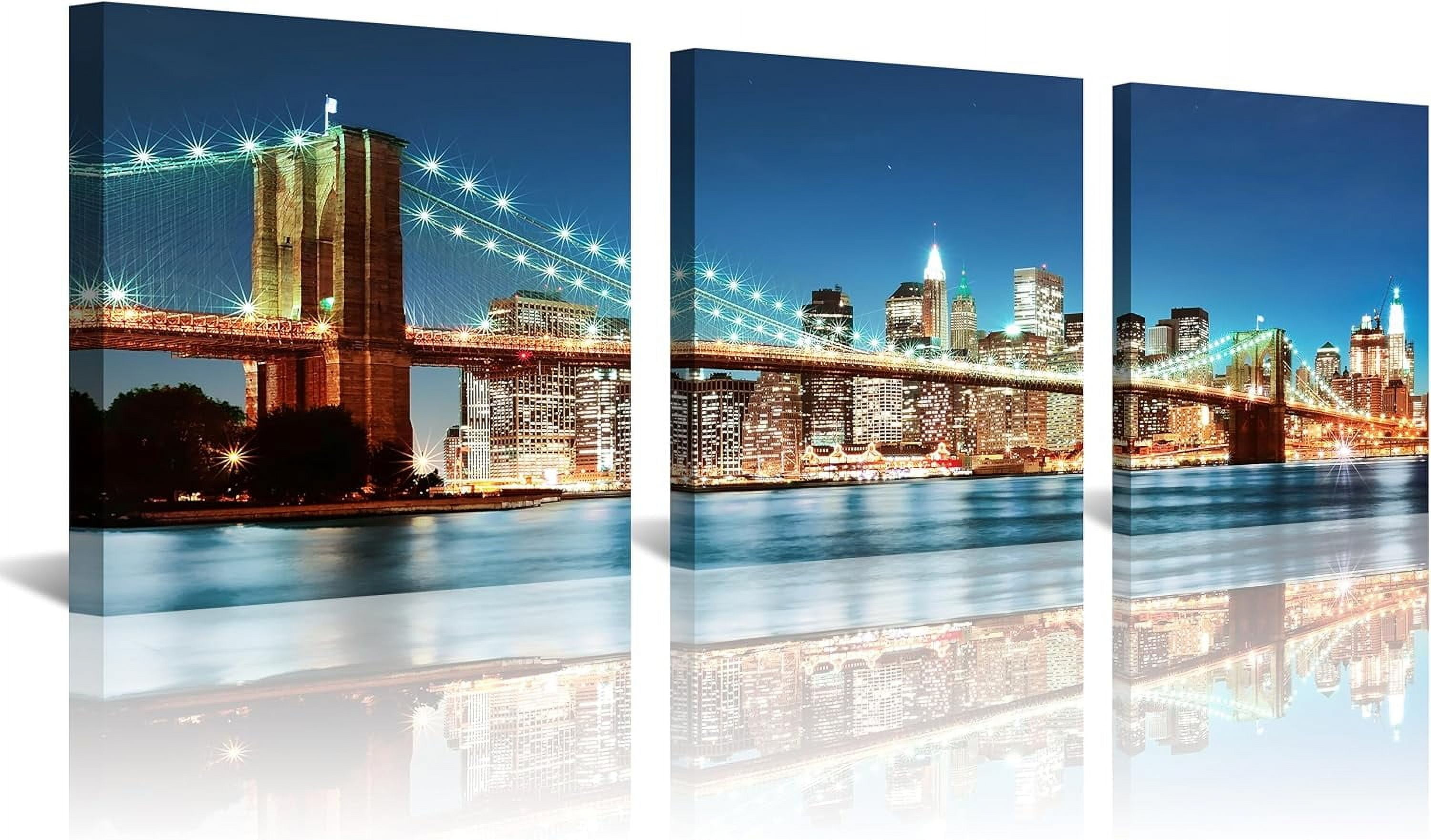 AABERIC 3PCS Brooklyn Bridge Canvas Art Illuminated NYC Skyline with City Lights Wall Decor ...