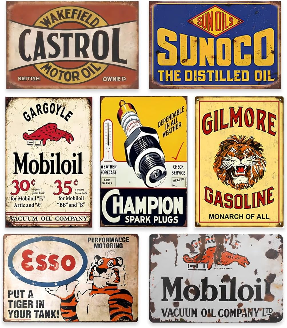AABERIC 7 Pieces Vintage Tin Signs Gas Oil Metal Signs Home Kitchen Man ...