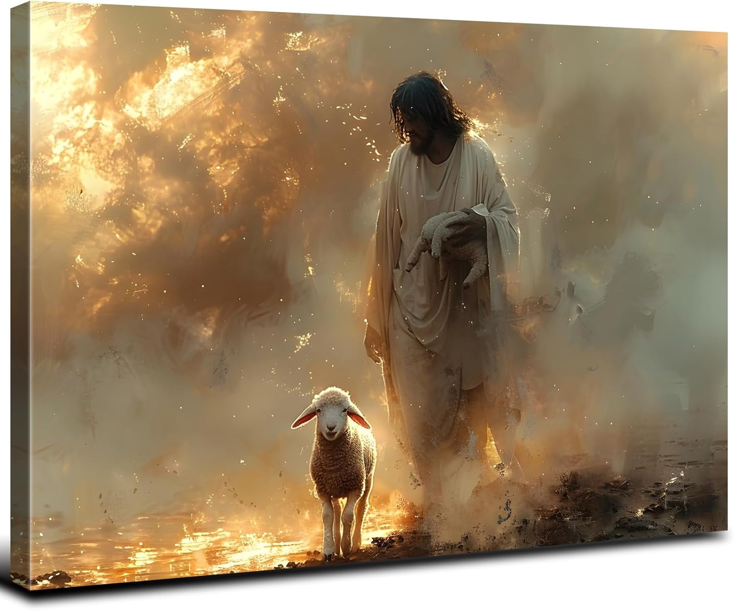 AABERIC Abstract Jesus and Lamb Wall Art Pictures Rustic Gold Jesus ...