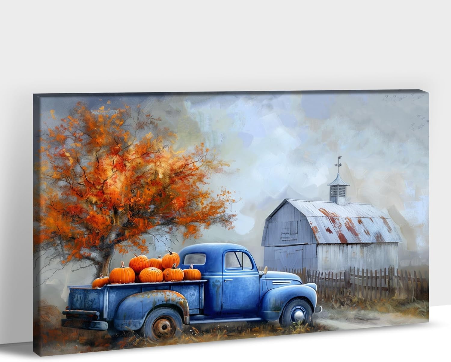 AABERIC Autumn Farmhouse Truck Wall Art, Old Blue Truck Canvas Prints ...