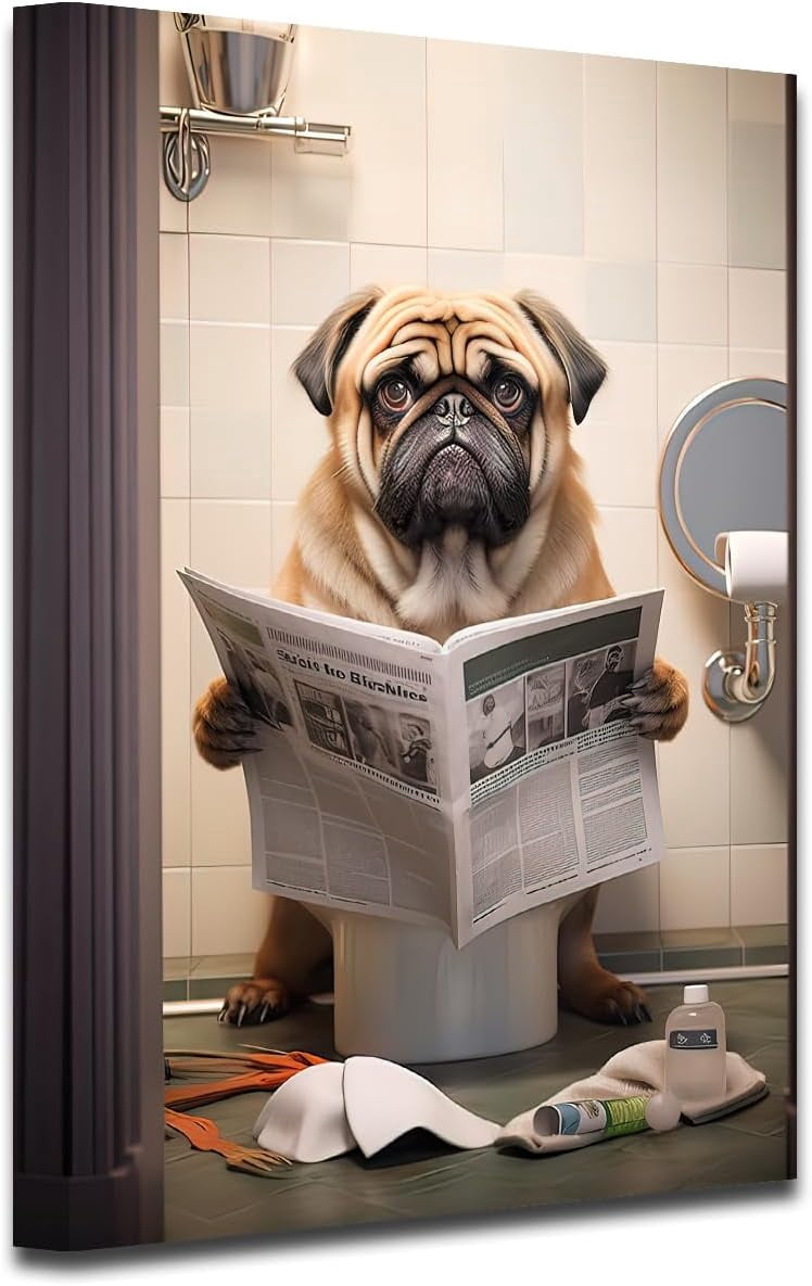 AABERIC Bathroom Wall Decor Dog Sitting on Toilet Reading Newspaper ...