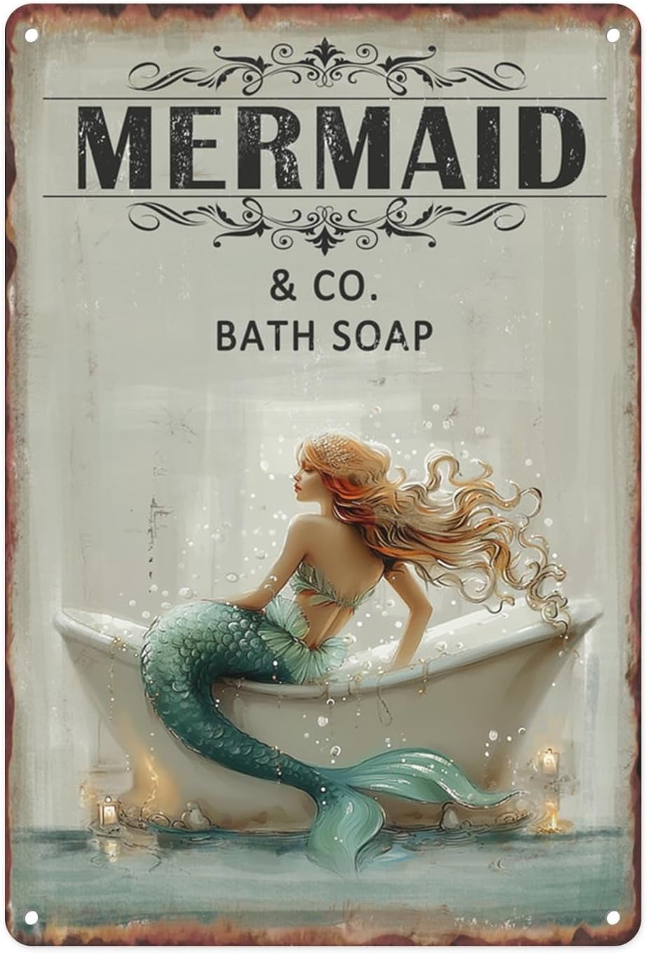 AABERIC Bathroom Wash Your Tail Metal Sign Mermaid Bath Soap Tin Sign ...
