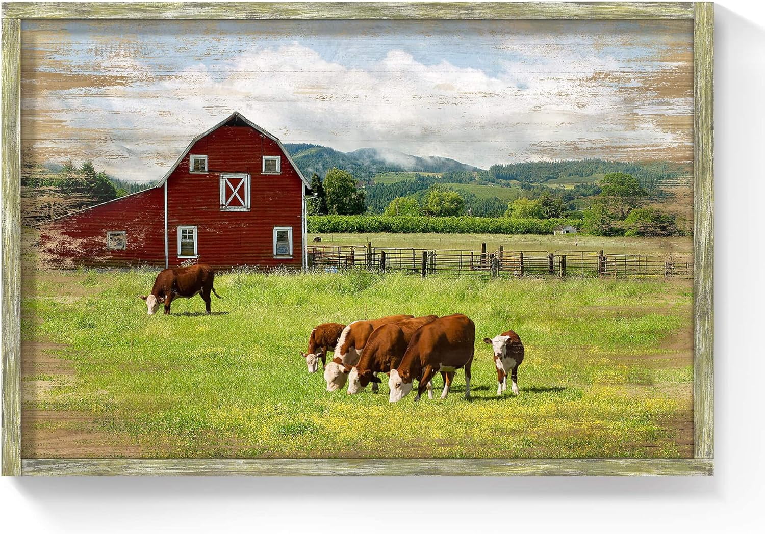 AABERIC Bedroom Wood Farmhouse Wall Art: Large Rustic Red Barn Framed Artwork Quiet Country ...