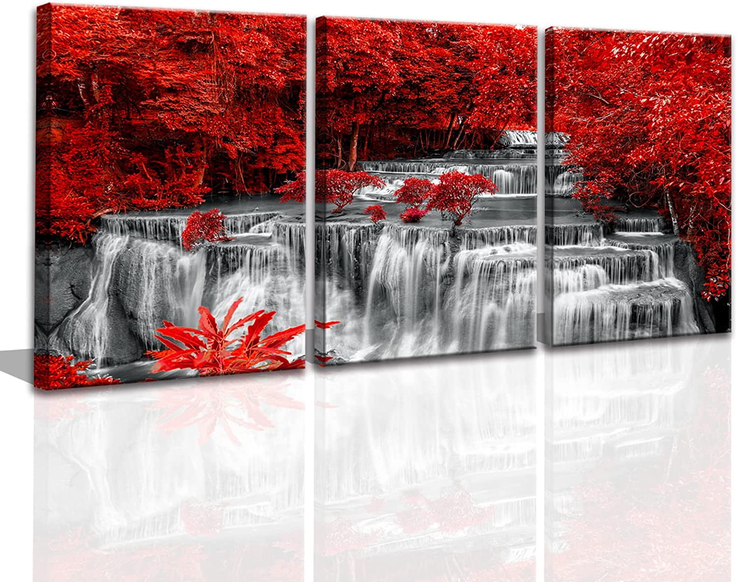 AABERIC Black White and Red Waterfall Canvas Wall Art Forest Paintings ...